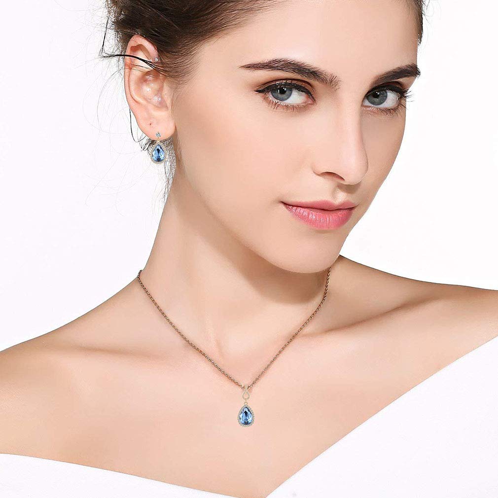 EVEVIC Austrian Crystals Teardrop Pendant Necklace Earrings for Women 14K Gold Plated Hypoallergenic Jewelry Set (Dark Blue)