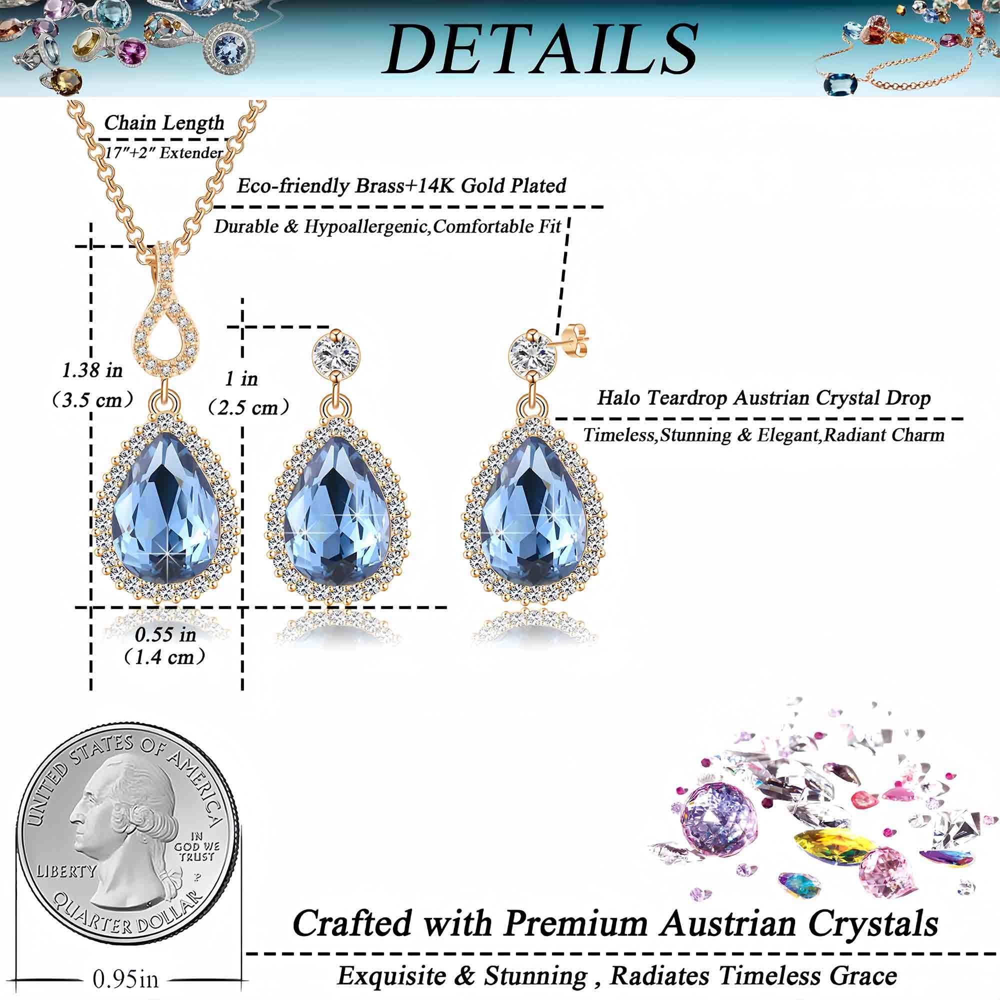 EVEVIC Austrian Crystals Teardrop Pendant Necklace Earrings for Women 14K Gold Plated Hypoallergenic Jewelry Set (Dark Blue)