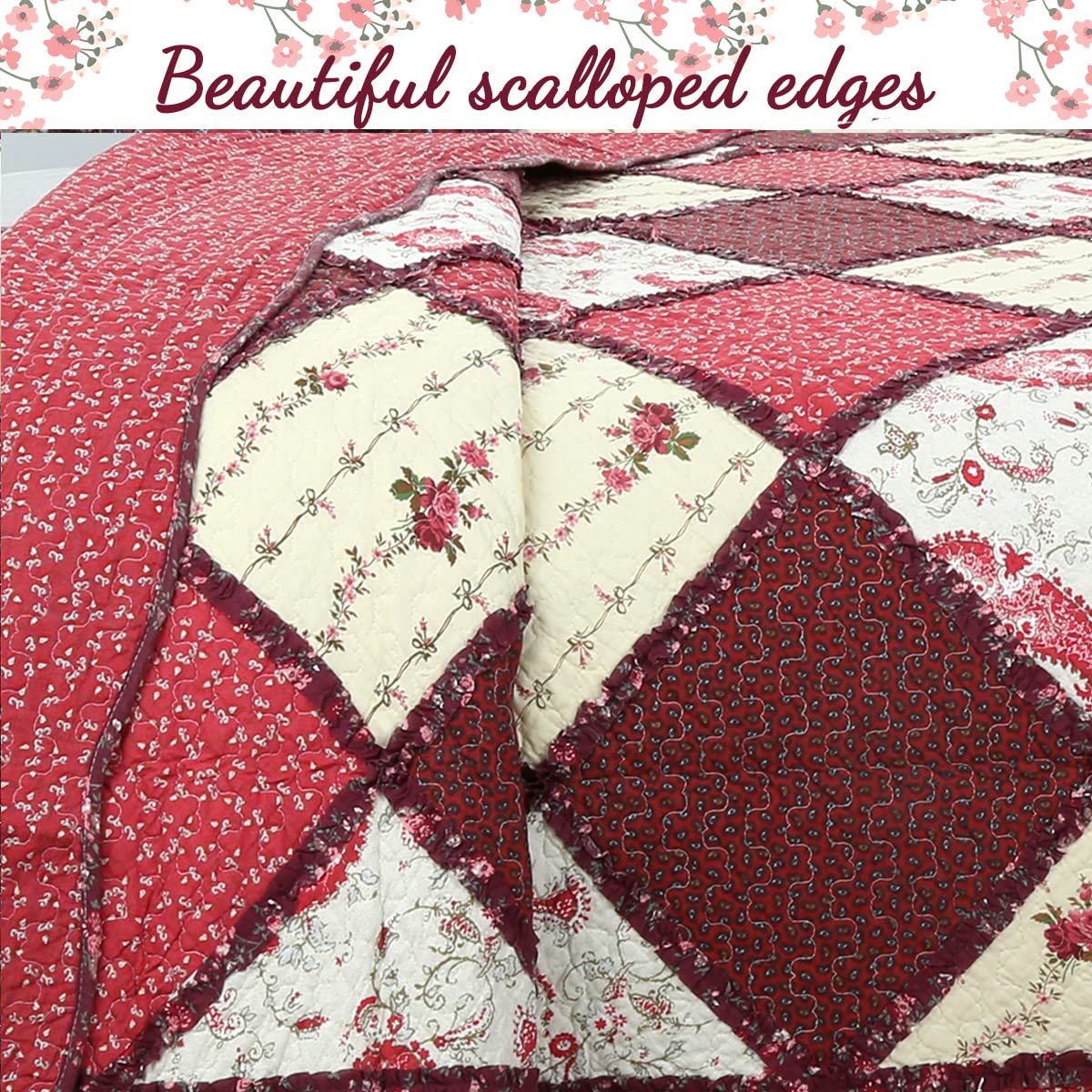 Cozy Line Home Fashions 100% Cotton True Patchwork Reversible Red Floral Paisley Rag Ruffle Farmhouse Quilt Bedding Set, Coverlet Bedspread (Rose Vintage, King - 3 Piece)