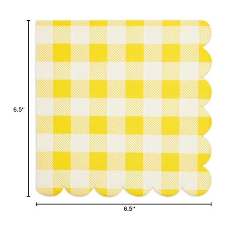 BLUE PANDA Yellow Plaid Paper Napkins for Birthday Party, Wedding - 6.5 x 6.5 Inch - 100 Pack - Yellow Disposable Checked Napkins
