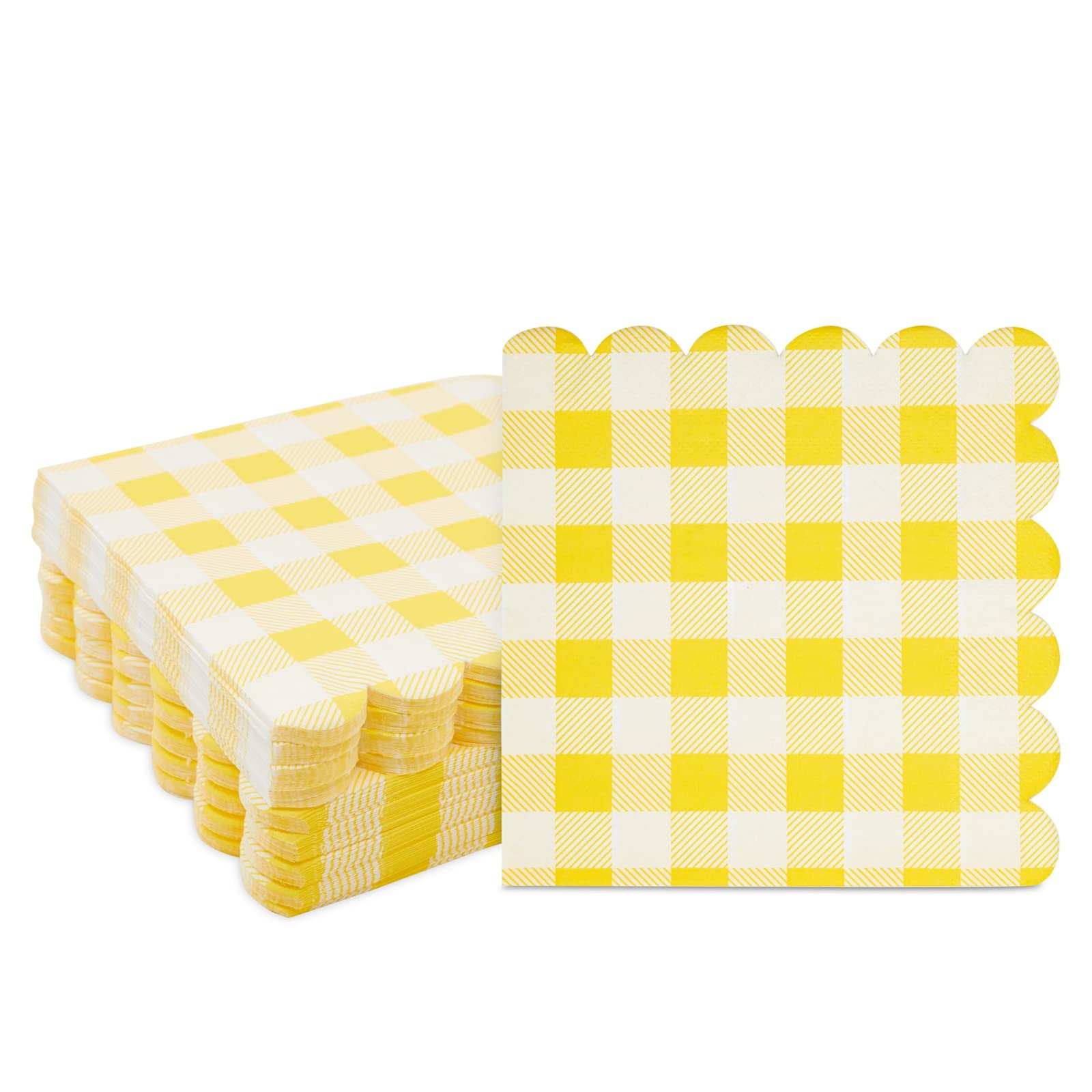 BLUE PANDA Yellow Plaid Paper Napkins for Birthday Party, Wedding - 6.5 x 6.5 Inch - 100 Pack - Yellow Disposable Checked Napkins