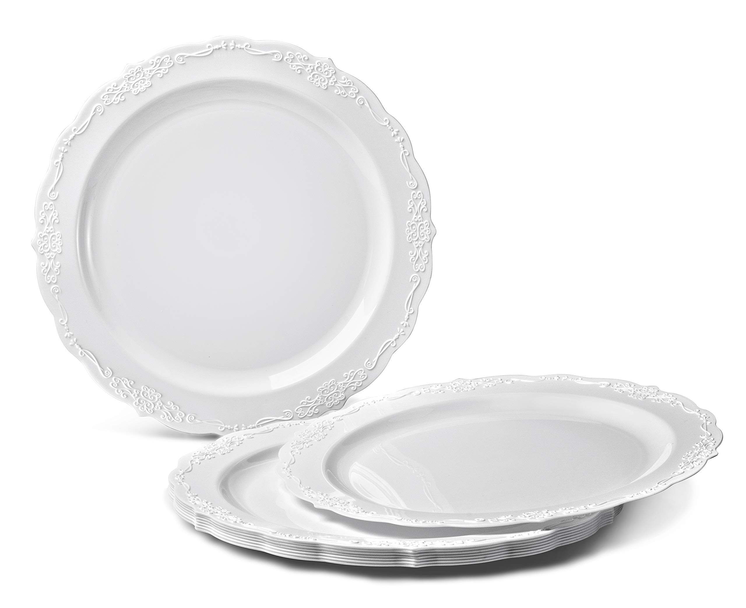 " OCCASIONS " 50 Plates Pack (25 Guests)-Vintage Wedding Party Disposable Plastic Plate Set -25 x 10'' Dinner + 25 x 7.5'' Salad/Dessert plates (Verona in White)