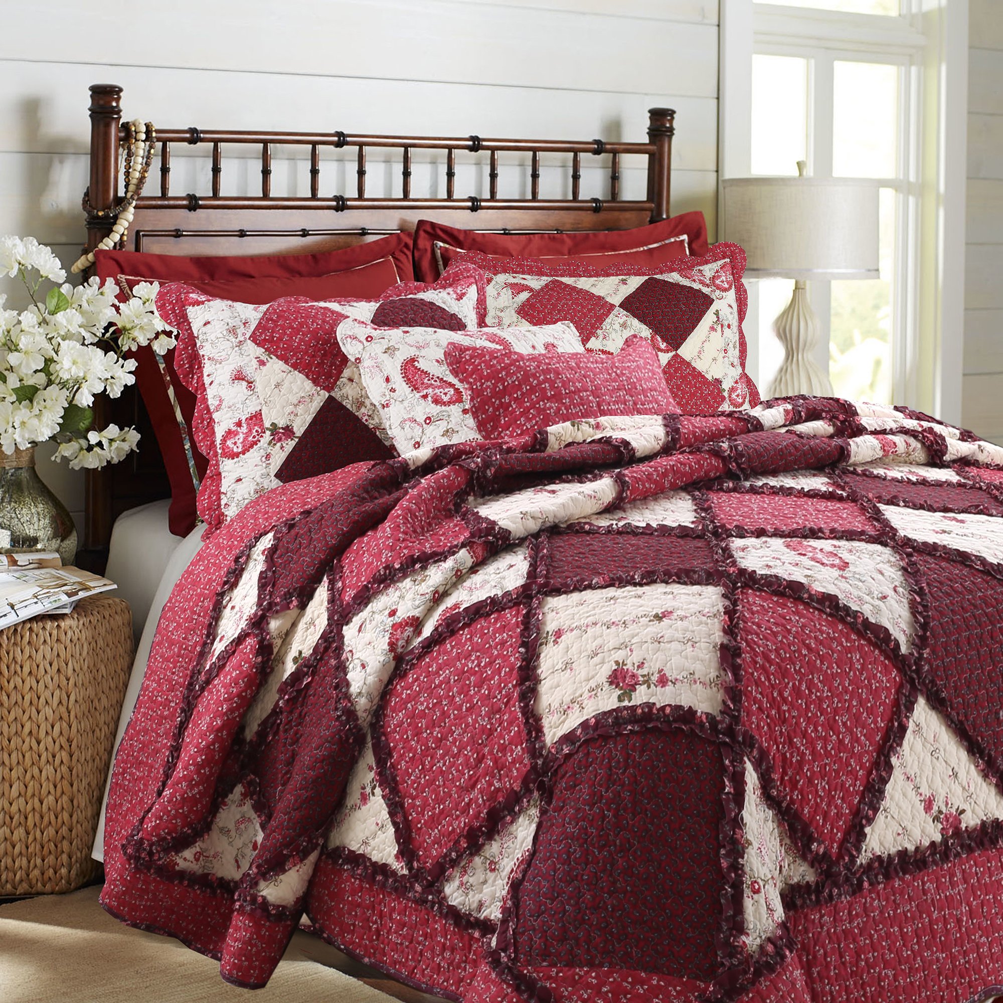 Cozy Line Home Fashions 100% Cotton True Patchwork Reversible Red Floral Paisley Rag Ruffle Farmhouse Quilt Bedding Set, Coverlet Bedspread (Rose Vintage, King - 3 Piece)