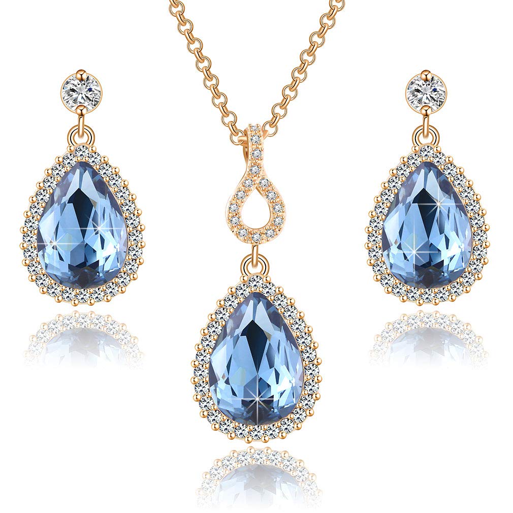 EVEVIC Austrian Crystals Teardrop Pendant Necklace Earrings for Women 14K Gold Plated Hypoallergenic Jewelry Set (Dark Blue)