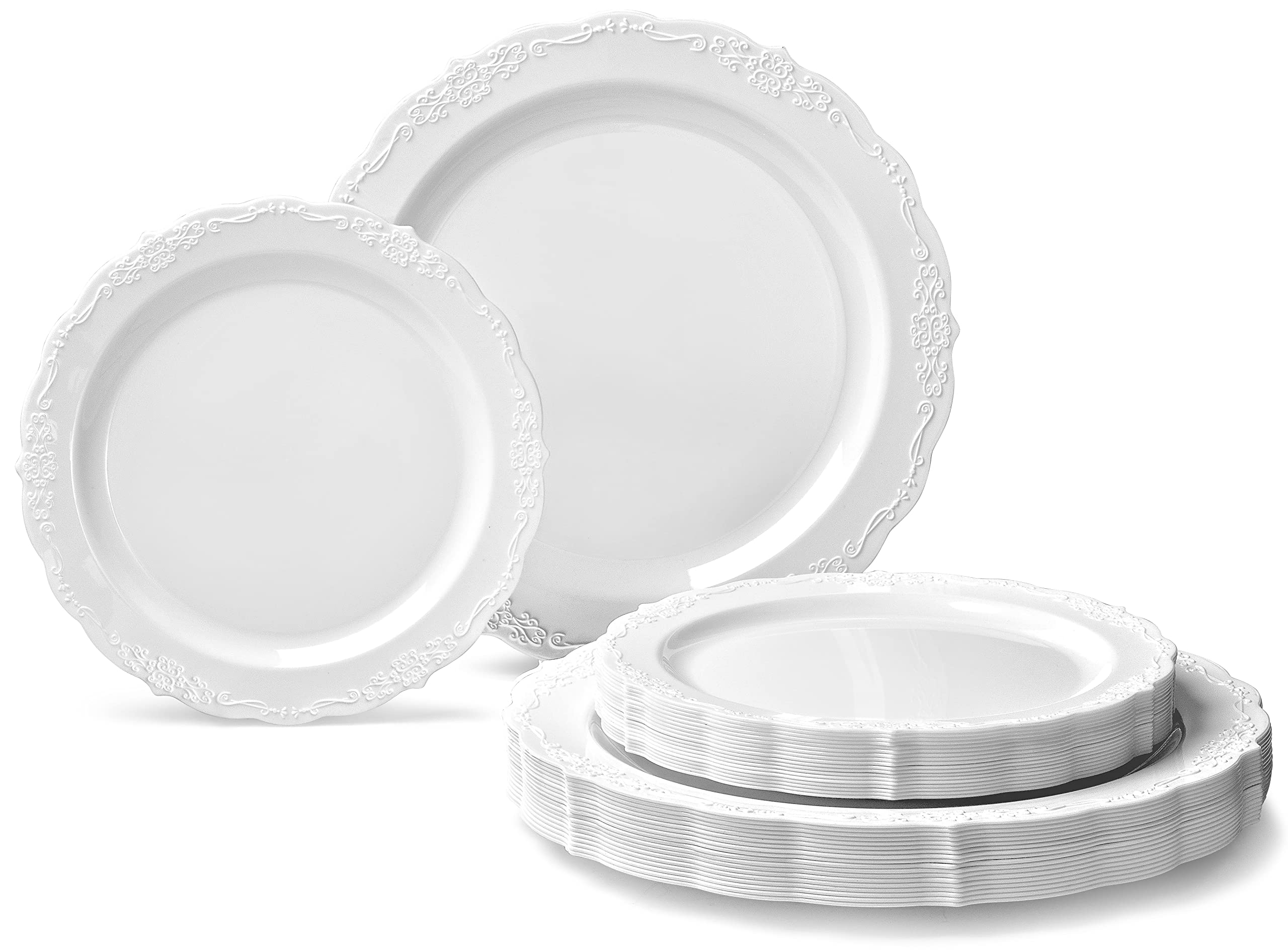 " OCCASIONS " 50 Plates Pack (25 Guests)-Vintage Wedding Party Disposable Plastic Plate Set -25 x 10'' Dinner + 25 x 7.5'' Salad/Dessert plates (Verona in White)