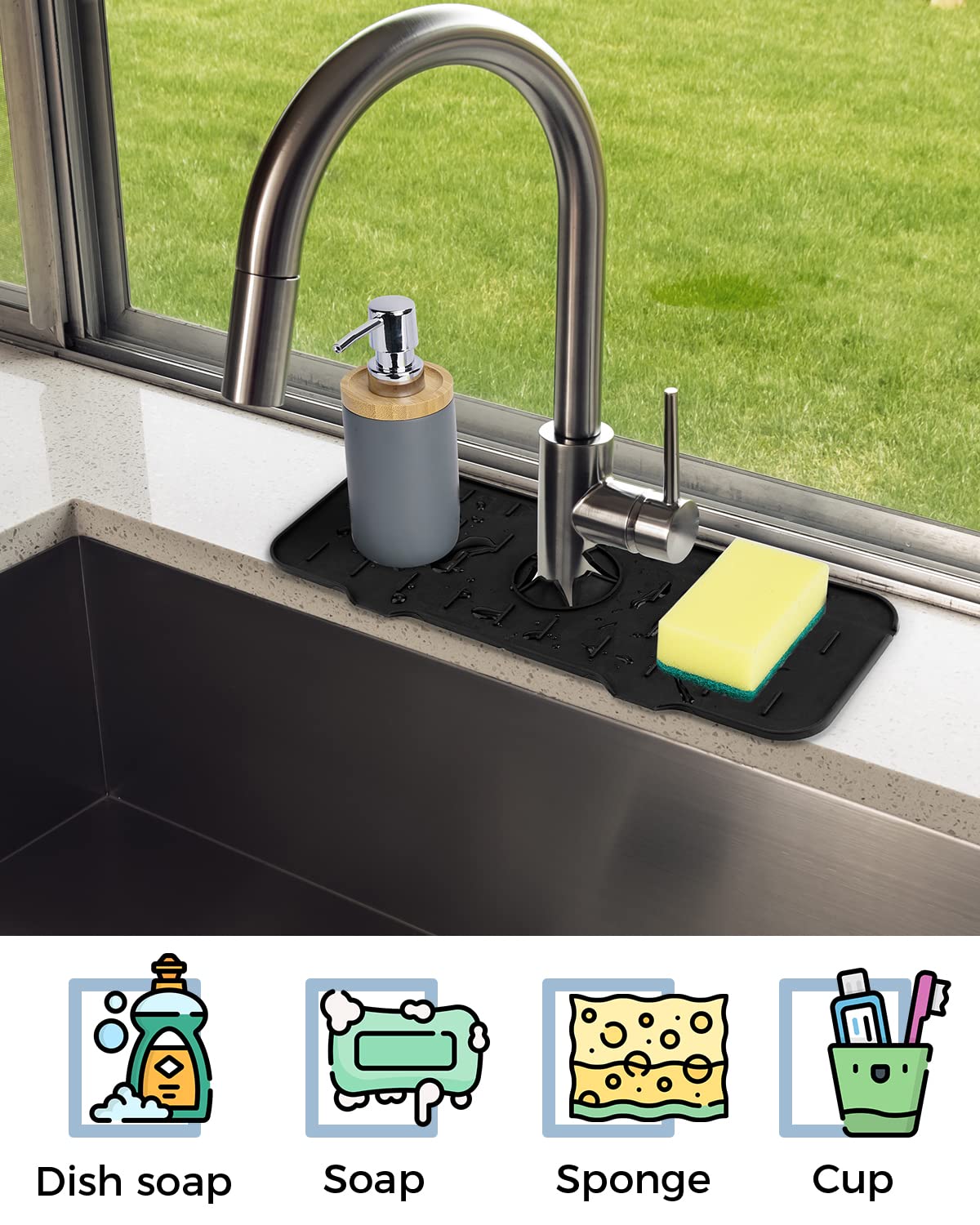 Kitchen Sink Splash Guard - Silicone Faucet Handle Drip Catcher Tray, Dish Soap Dispenser and Sponge Holder Mat Behind Faucet, Kitchen Guard Gadgets Sink Accessories for Kitchen Counter and Bathroom