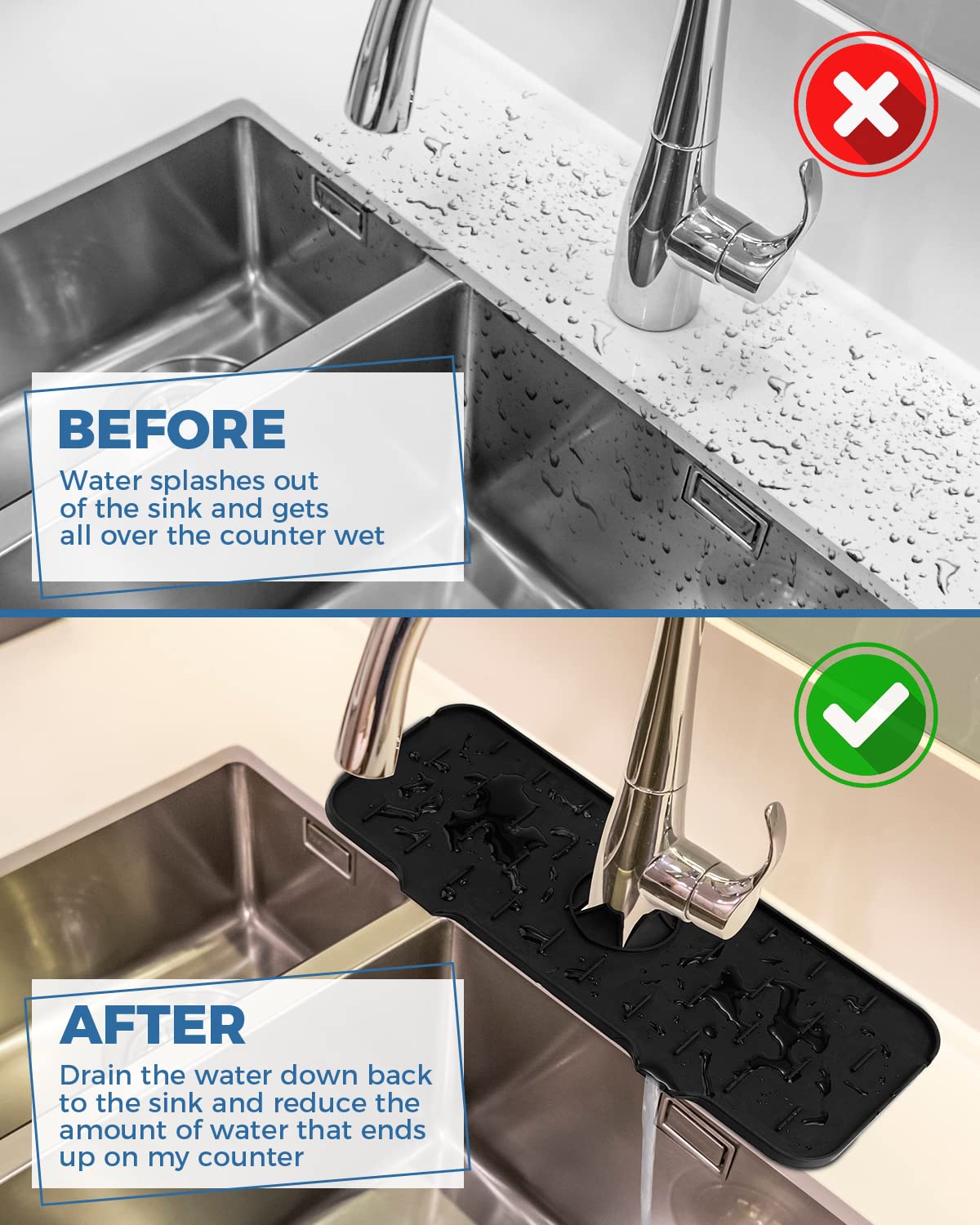 Kitchen Sink Splash Guard - Silicone Faucet Handle Drip Catcher Tray, Dish Soap Dispenser and Sponge Holder Mat Behind Faucet, Kitchen Guard Gadgets Sink Accessories for Kitchen Counter and Bathroom