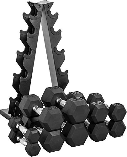 WF Athletic Supply 5-25Lb Rubber Coated Hex Dumbbell Set with A Frame Storage Rack Non-Slip Hex Shape for Muscle Toning, Strength Building & Weight Loss, Charcoal Rack