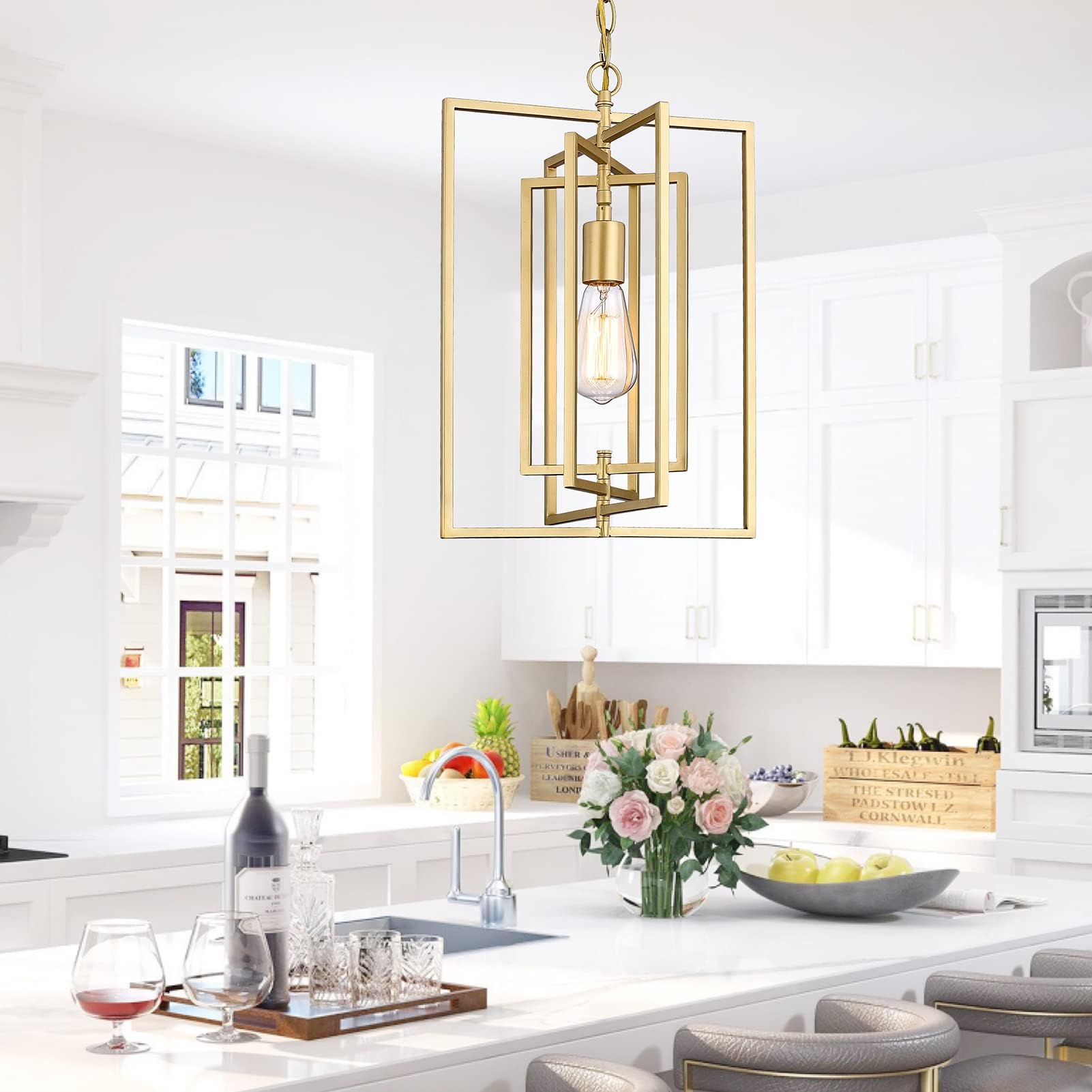 Kitchen Island Pendant Lighting, Farmhouse Indoor 1-Light Ceiling Pendant Lamp, Hanging Light Fixture for Hallway, Dining Room, Foyer and Bedroom (Gold)