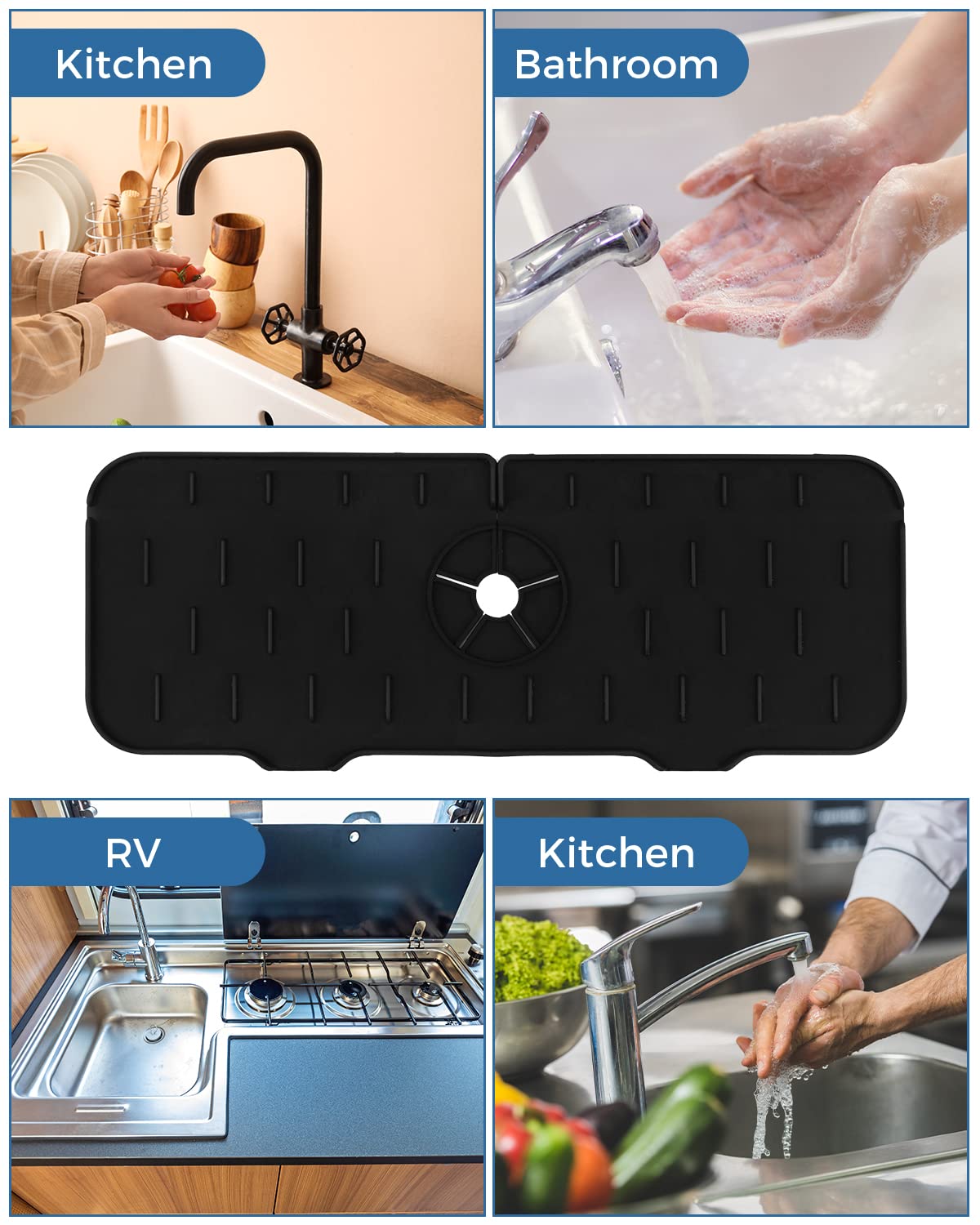 Kitchen Sink Splash Guard - Silicone Faucet Handle Drip Catcher Tray, Dish Soap Dispenser and Sponge Holder Mat Behind Faucet, Kitchen Guard Gadgets Sink Accessories for Kitchen Counter and Bathroom