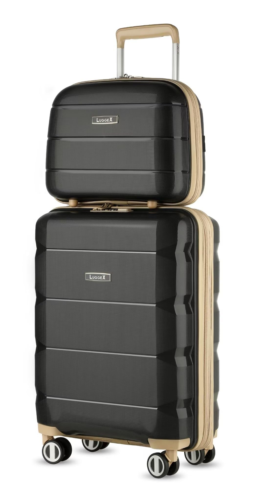 LUGGEX Black Carry On Luggage with Spinner Wheels, PP Lightweight Suitcase with 14 Inch Case, Expandable Luggage 2 Piece