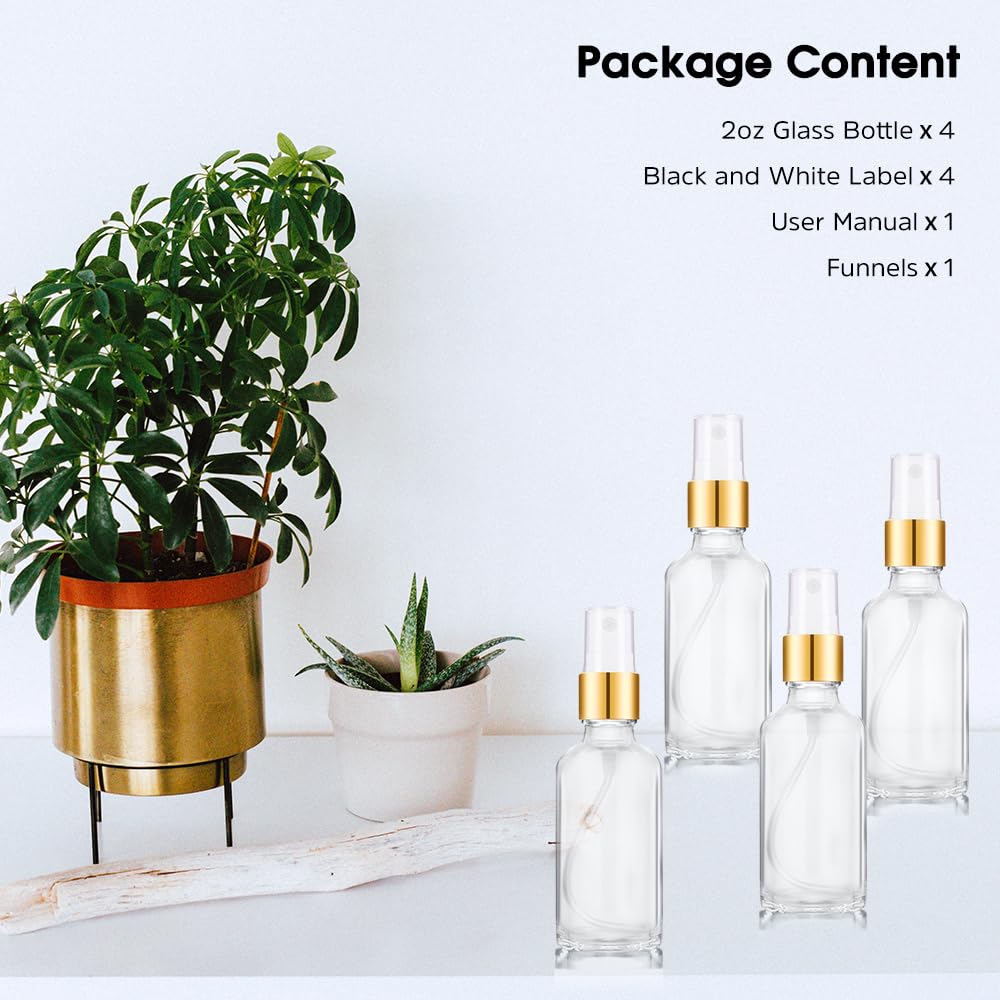Tecohouse Glass Spray Bottles for Essential Oils, 2 oz Small Empty Refillable Sprayer Container with Golden Top, Labels, Funnel, Lids, Pipettes - Pocket Size 4 Pack Clear