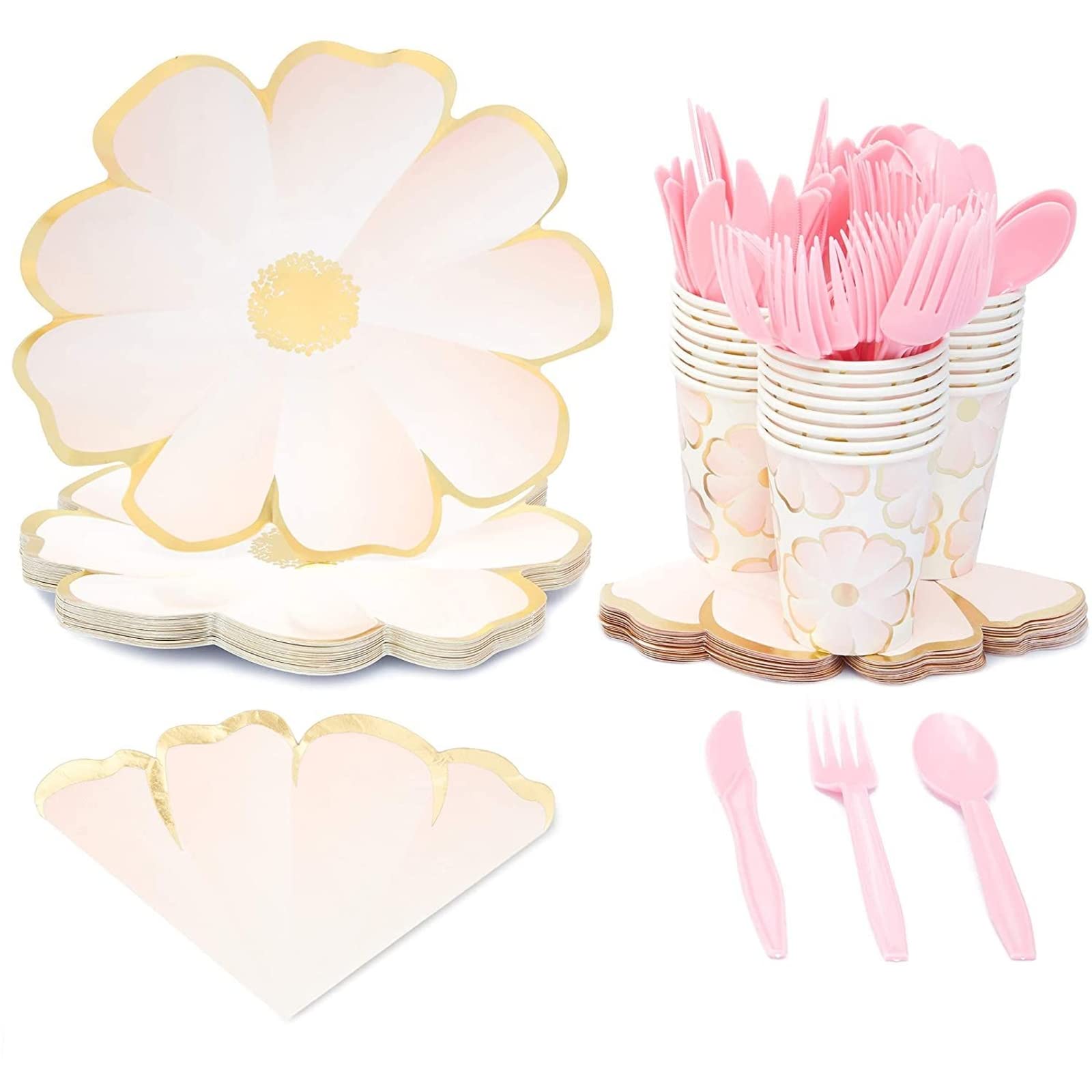 Sparkle and Bash 144-Piece Flower Party Supplies with Daisy Paper Plates, Napkins, Cups, and Cutlery (Serves 24)