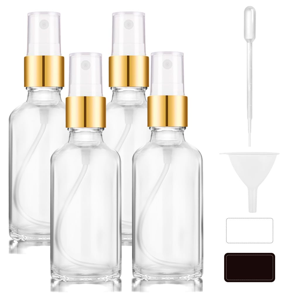 Tecohouse Glass Spray Bottles for Essential Oils, 2 oz Small Empty Refillable Sprayer Container with Golden Top, Labels, Funnel, Lids, Pipettes - Pocket Size 4 Pack Clear