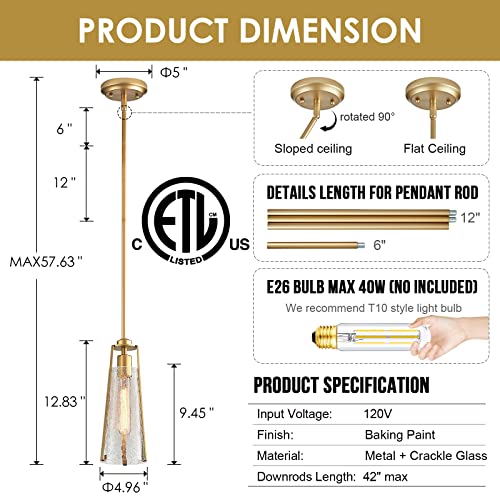 AIRYPHANT Gold Glass Pendant Light Set of 3, Modern 1-Light Gold Crackle Glass Pendant Light for Dining Room Kitchen Island