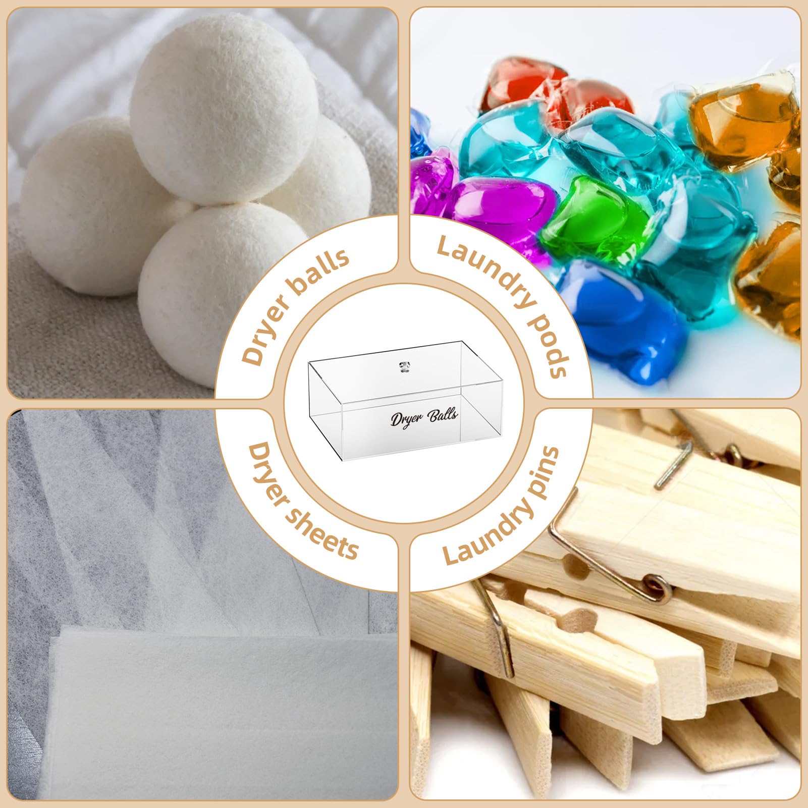 Dryer Ball Holder for Laundry Room ,Acrylic Dishwasher Pods Container with Lid,Dryer Balls Dispenser,Laundry Room Organization and storage Box for Laundry Pods,Clips,Dryer Balls and Sheets (No Balls)