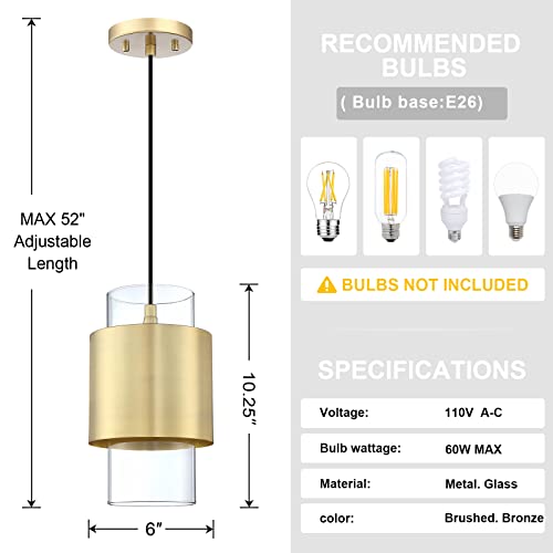 1 Light Hanging Indoor Kitchen Island Pendant Light 6" Drum Glass Shade Pendant Ceiling Light Fixtures Modern Farmhouse Dinning Over Sink (Gold Finish, 2 Pack)
