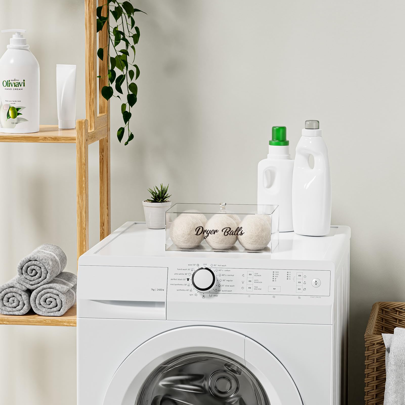 Dryer Ball Holder for Laundry Room ,Acrylic Dishwasher Pods Container with Lid,Dryer Balls Dispenser,Laundry Room Organization and storage Box for Laundry Pods,Clips,Dryer Balls and Sheets (No Balls)