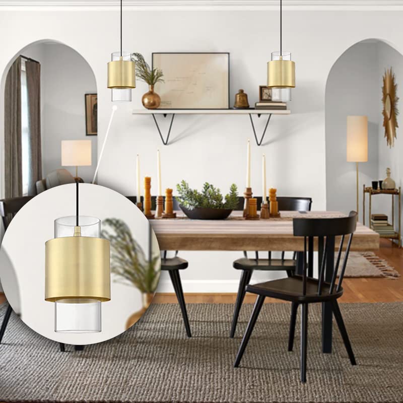 1 Light Hanging Indoor Kitchen Island Pendant Light 6" Drum Glass Shade Pendant Ceiling Light Fixtures Modern Farmhouse Dinning Over Sink (Gold Finish, 2 Pack)