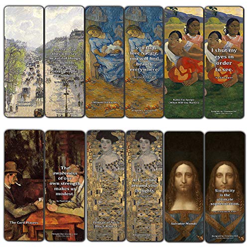 Creanoso Vintage Cards - Various Artists Bookmarker (12-Pack) - Van Gogh Paul Cézanne Gustav Klimt Salvator Mundi Bookmarks for Men, Women, Teens – Most Expensive Paintings – Cool Art Paints