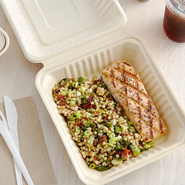 Pony Packaging 8X8 50-Pack 100% Compostable Clamshell Take Out Food Containers, Heavy-Duty Quality to go Containers, Natural Disposable Bagasse, Eco-Friendly Biodegradable Made of Sugar Cane Fibers