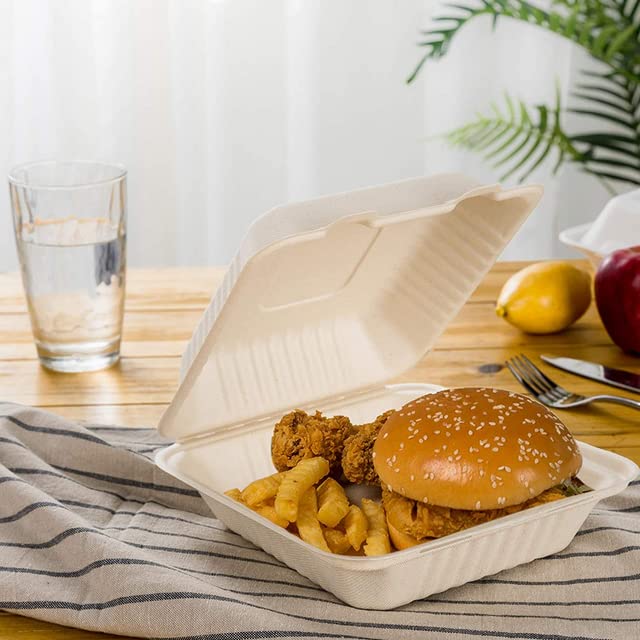Pony Packaging 8X8 50-Pack 100% Compostable Clamshell Take Out Food Containers, Heavy-Duty Quality to go Containers, Natural Disposable Bagasse, Eco-Friendly Biodegradable Made of Sugar Cane Fibers