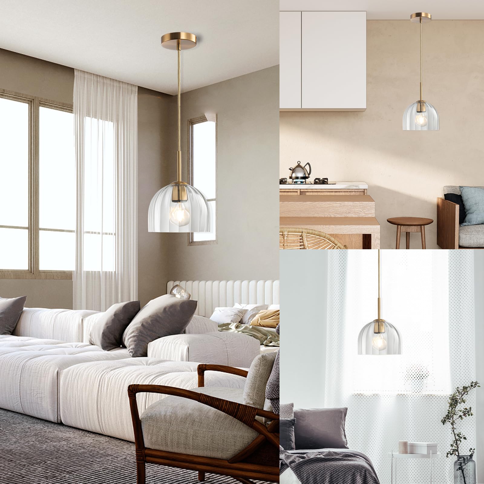 Lighten Chance Modern Pendant Light Kitchen Island, Bell Lamp Shape Hanging Ceiling Lighting Fixture with Clear Striped Glass Lampshade Dining Room, Warm Brass Finish