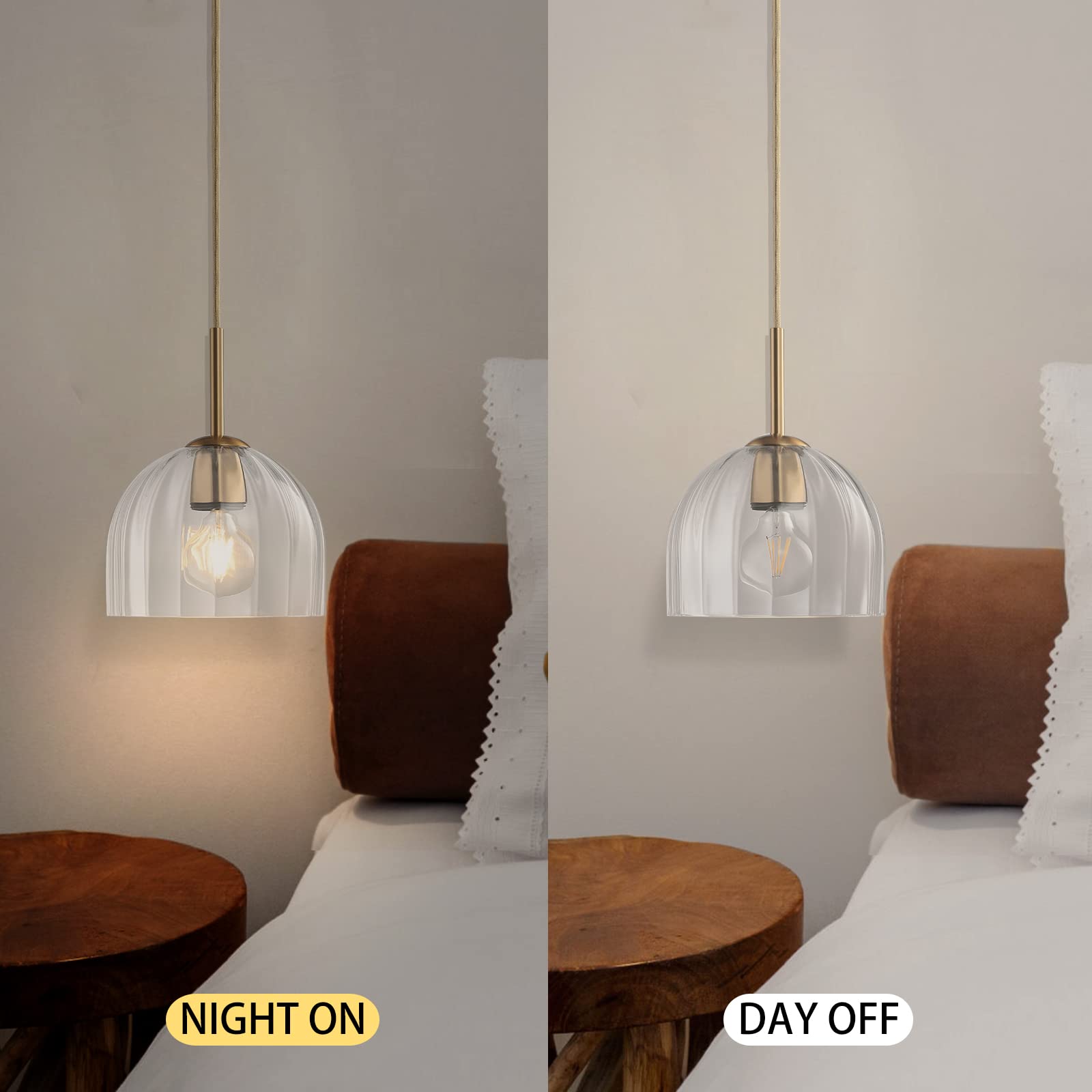 Lighten Chance Modern Pendant Light Kitchen Island, Bell Lamp Shape Hanging Ceiling Lighting Fixture with Clear Striped Glass Lampshade Dining Room, Warm Brass Finish