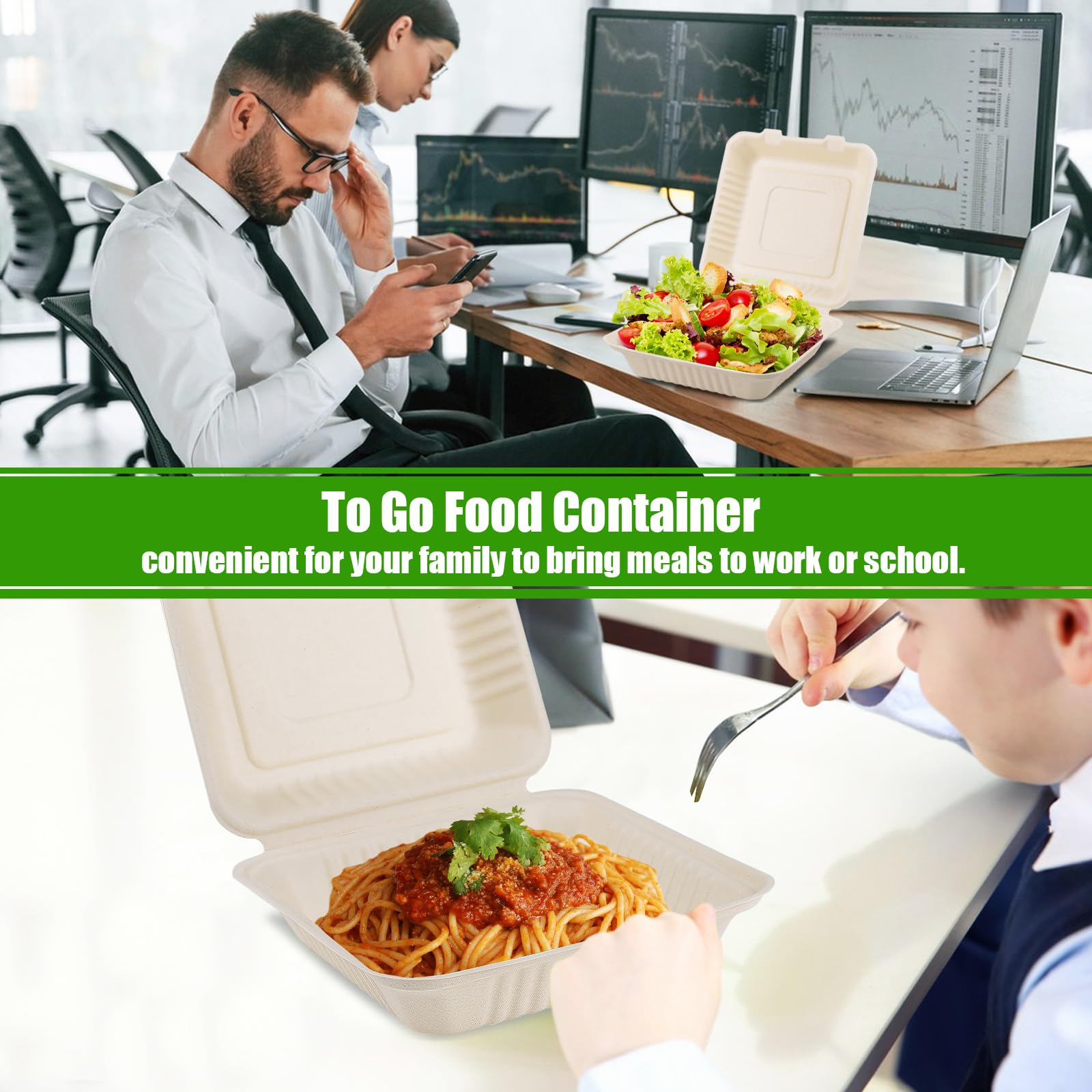 Pony Packaging 8X8 50-Pack 100% Compostable Clamshell Take Out Food Containers, Heavy-Duty Quality to go Containers, Natural Disposable Bagasse, Eco-Friendly Biodegradable Made of Sugar Cane Fibers