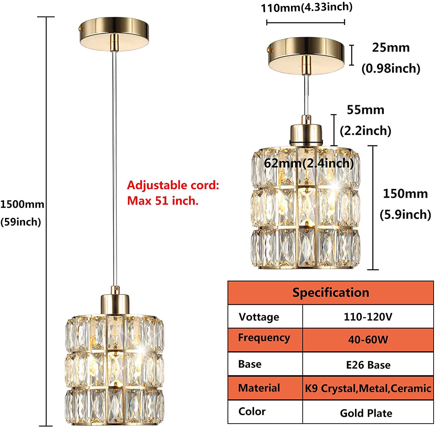 Popity home Gold Crystal Pendant Light, Pendant Lights Kitchen Island 3 Pack, Adjustable Modern Pendant Light, Hanging Light Fixtures for Dining Room Entryway Living Room Bar