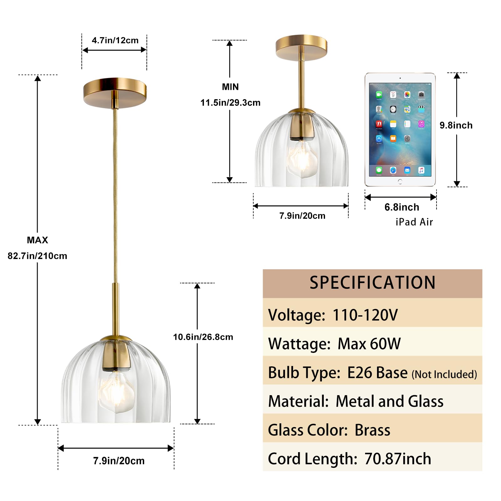 Lighten Chance Modern Pendant Light Kitchen Island, Bell Lamp Shape Hanging Ceiling Lighting Fixture with Clear Striped Glass Lampshade Dining Room, Warm Brass Finish