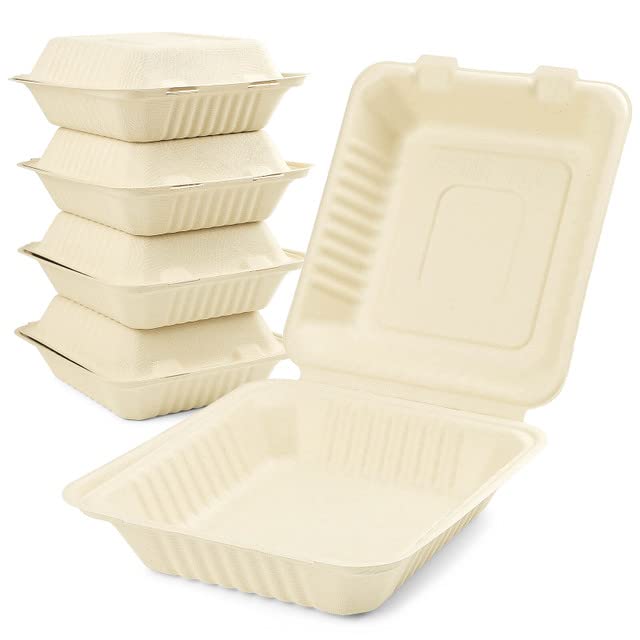 Pony Packaging 8X8 50-Pack 100% Compostable Clamshell Take Out Food Containers, Heavy-Duty Quality to go Containers, Natural Disposable Bagasse, Eco-Friendly Biodegradable Made of Sugar Cane Fibers