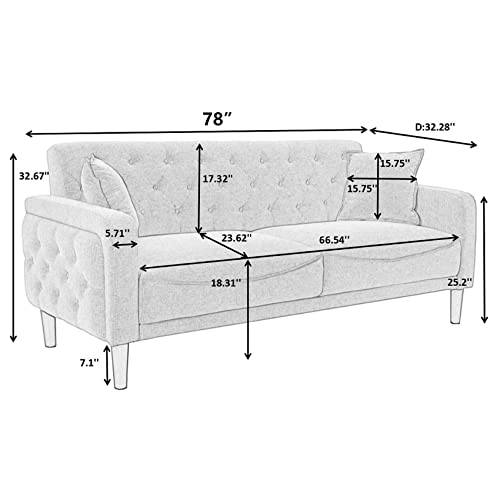 Aoowow Teddy Fabric Sofas and Couches 78 Inches Long, Mid Century Modern Couch Tufted Back Sofa with 2 Throw Pillows, Armrest and Wooden Legs for Living Room, Apartment, Bedroom (Beige)