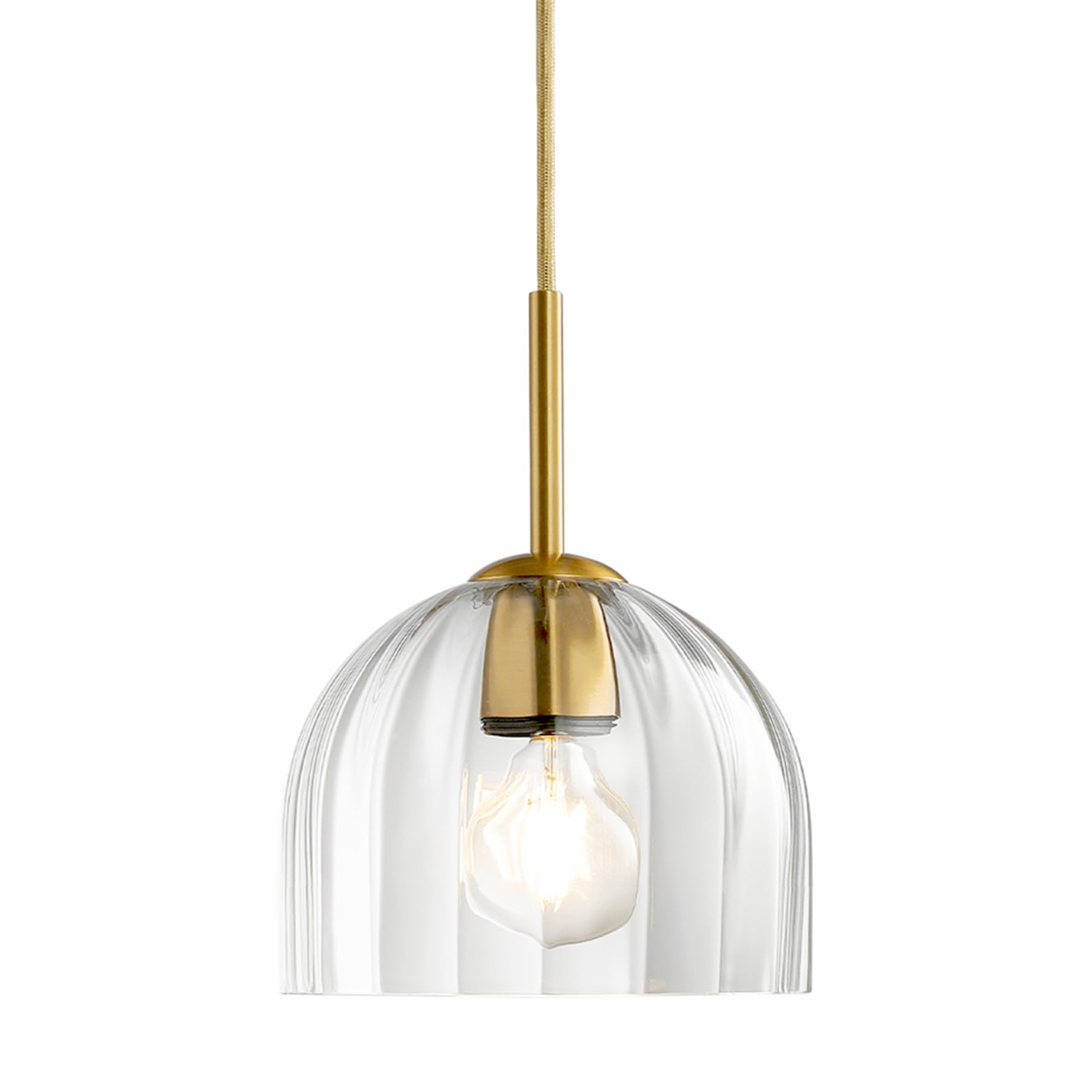 Lighten Chance Modern Pendant Light Kitchen Island, Bell Lamp Shape Hanging Ceiling Lighting Fixture with Clear Striped Glass Lampshade Dining Room, Warm Brass Finish