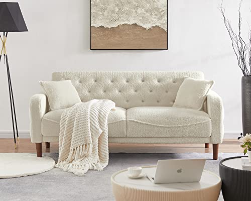 Aoowow Teddy Fabric Sofas and Couches 78 Inches Long, Mid Century Modern Couch Tufted Back Sofa with 2 Throw Pillows, Armrest and Wooden Legs for Living Room, Apartment, Bedroom (Beige)