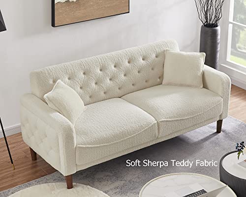 Aoowow Teddy Fabric Sofas and Couches 78 Inches Long, Mid Century Modern Couch Tufted Back Sofa with 2 Throw Pillows, Armrest and Wooden Legs for Living Room, Apartment, Bedroom (Beige)