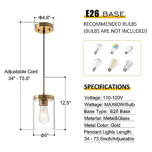 OUVR Gold Pendant Light Fixtures,5 Inch Globe Pendant Lights Kitchen Island with Clear Glass, Hanging Lights for Kitchen Island, Dining Room, Bedroom, Hallway, Farmhouse - 1 Pack