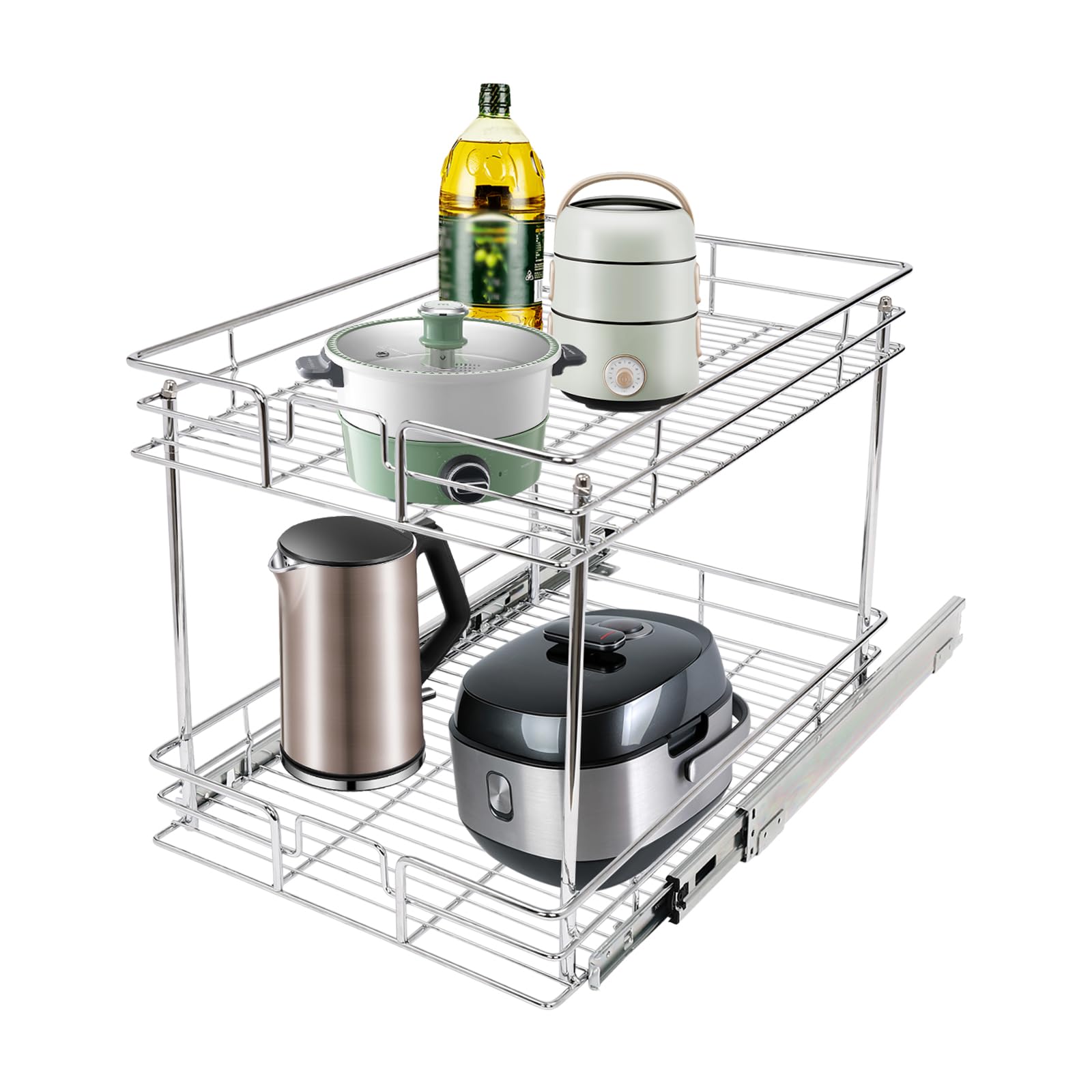 BILPIKOGoo 2-Tier Pull Out Cabinet Organizer(13.5" W X 21.5" D), Slide Out Basket Kitchen Cabinet Organizer, Cabinet Pull Out Shelves, Kitchen Cabinet Storage Sliding Shelves