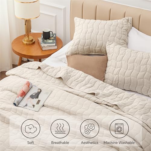 BEDELITE Ultra Soft Bone King Size Quilt Set 3 Piece - Modern Style Bed Quilt with Rice Stitch Embroidery - Nature Bedspread Coverlet for All Seasons (Linen, Includes 1 Quilt and 2 Pillow Shams)