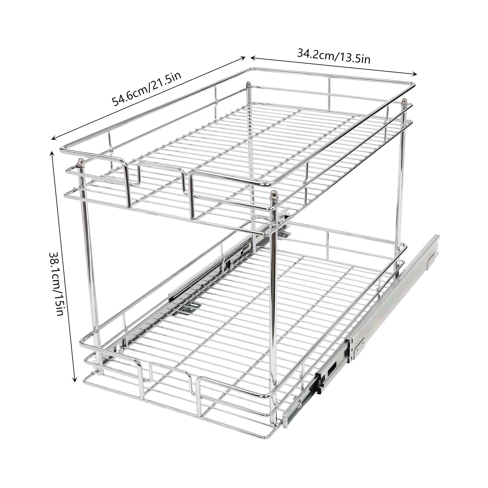 BILPIKOGoo 2-Tier Pull Out Cabinet Organizer(13.5" W X 21.5" D), Slide Out Basket Kitchen Cabinet Organizer, Cabinet Pull Out Shelves, Kitchen Cabinet Storage Sliding Shelves