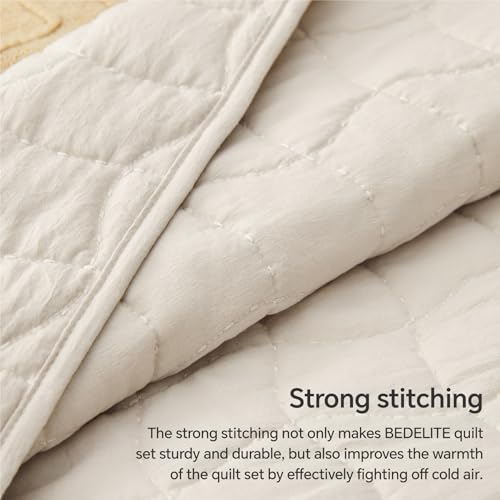 BEDELITE Ultra Soft Bone King Size Quilt Set 3 Piece - Modern Style Bed Quilt with Rice Stitch Embroidery - Nature Bedspread Coverlet for All Seasons (Linen, Includes 1 Quilt and 2 Pillow Shams)