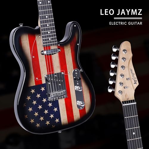 Leo Jaymz TL Style Electric Guitar with US Flag Design - High Gloss Mahogany Body and Hard Maple Neck - High Transparent Acrylic Pickguard (US Flag, Deluxe)