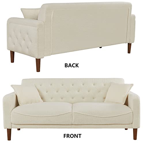 Aoowow Teddy Fabric Sofas and Couches 78 Inches Long, Mid Century Modern Couch Tufted Back Sofa with 2 Throw Pillows, Armrest and Wooden Legs for Living Room, Apartment, Bedroom (Beige)