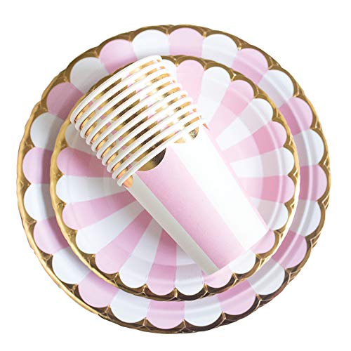 Pink and Gold Foil Party Supplies Set - 90PCS (Serves 30 Guests) Disposable Dinner Dessert Paper Plates 9oz Cups Baby Girl Boy Shower Gender Reveal Bridal Shower Birthday Wedding Party Decoration