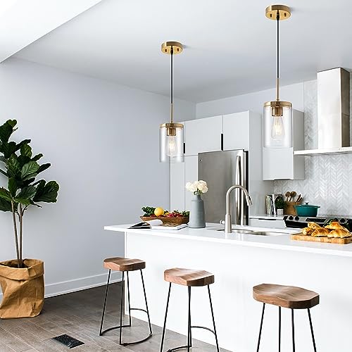 OUVR Gold Pendant Light Fixtures,5 Inch Globe Pendant Lights Kitchen Island with Clear Glass, Hanging Lights for Kitchen Island, Dining Room, Bedroom, Hallway, Farmhouse - 1 Pack