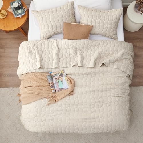 BEDELITE Ultra Soft Bone King Size Quilt Set 3 Piece - Modern Style Bed Quilt with Rice Stitch Embroidery - Nature Bedspread Coverlet for All Seasons (Linen, Includes 1 Quilt and 2 Pillow Shams)
