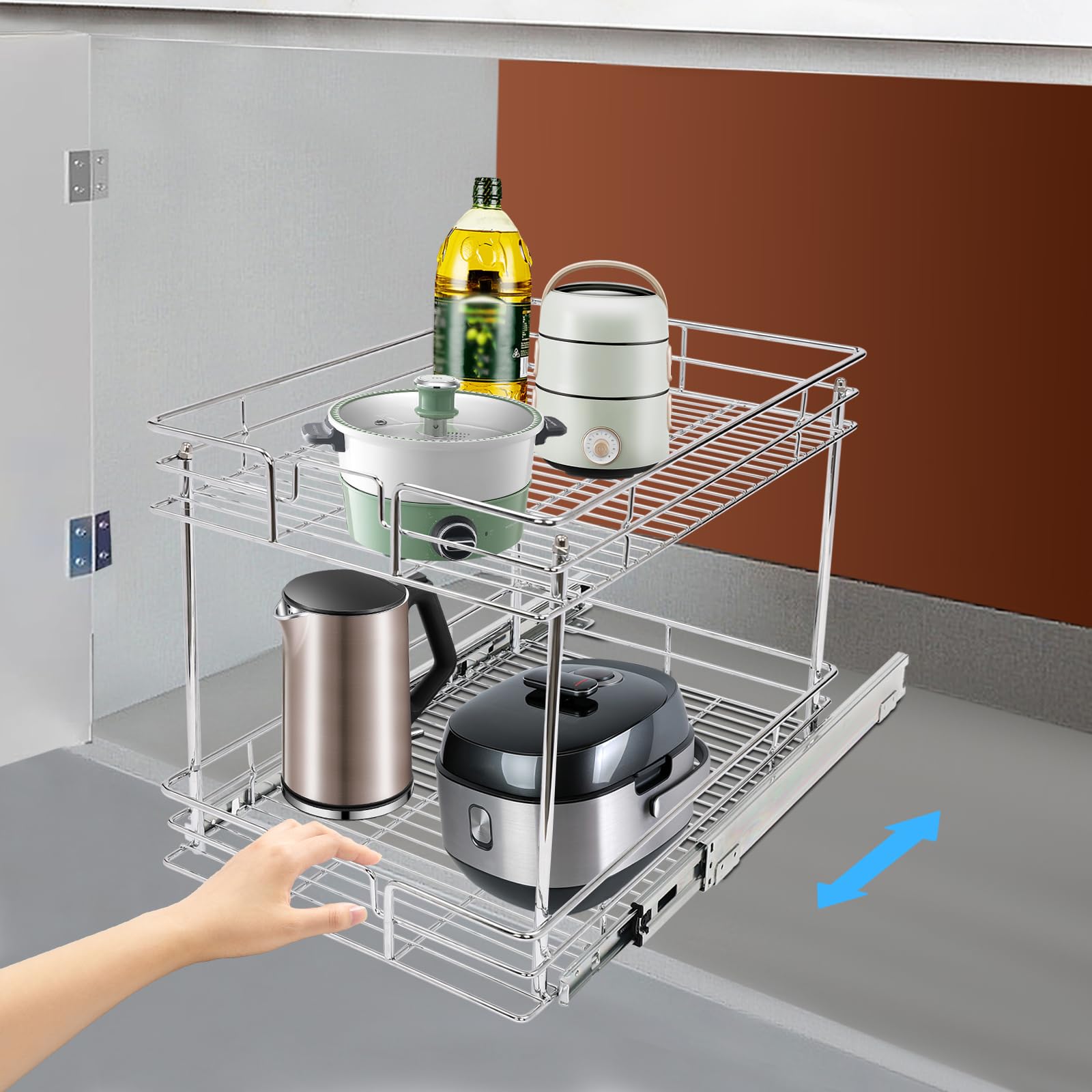 BILPIKOGoo 2-Tier Pull Out Cabinet Organizer(13.5" W X 21.5" D), Slide Out Basket Kitchen Cabinet Organizer, Cabinet Pull Out Shelves, Kitchen Cabinet Storage Sliding Shelves