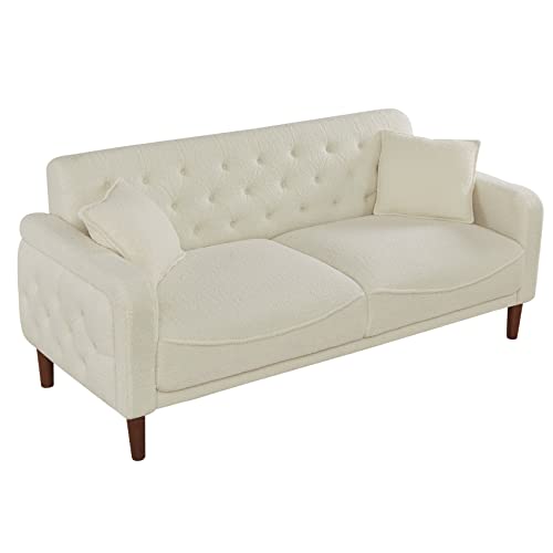Aoowow Teddy Fabric Sofas and Couches 78 Inches Long, Mid Century Modern Couch Tufted Back Sofa with 2 Throw Pillows, Armrest and Wooden Legs for Living Room, Apartment, Bedroom (Beige)