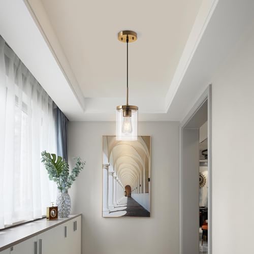 OUVR Gold Pendant Light Fixtures,5 Inch Globe Pendant Lights Kitchen Island with Clear Glass, Hanging Lights for Kitchen Island, Dining Room, Bedroom, Hallway, Farmhouse - 1 Pack