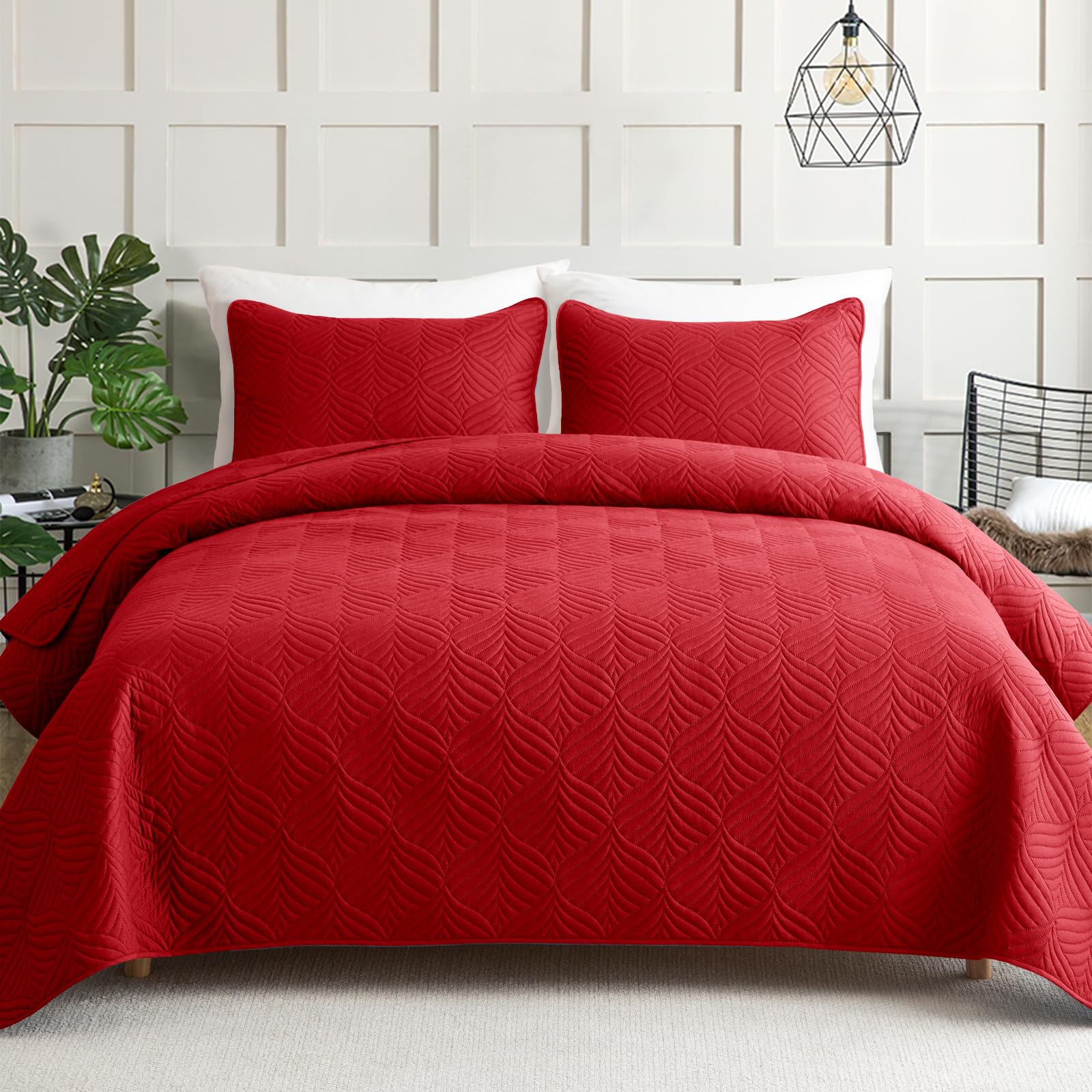 Whale Flotilla Elegant Extra Soft Quilts Queen Size, 3-Piece Lightweight Modern Geometric Full Queen Quilt Bedding Sets Bedspread Coverlet for All Seasons, Red